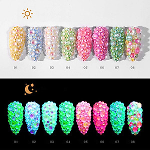 HERIS 8 Pack Mixed Glow Nail Art Rhinestones Fluorescent Diamonds Decorations Accessories Décor Crystals Gems for DIY Manicure