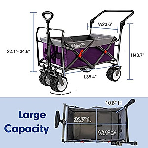 Push Pull Beach Wagon with Big Wheels, All Terrain Heavy Duty Grocery Cart Utility Collapsible Wagon for Outdoor Garden Picnic Beach Sports Camping, Purple
