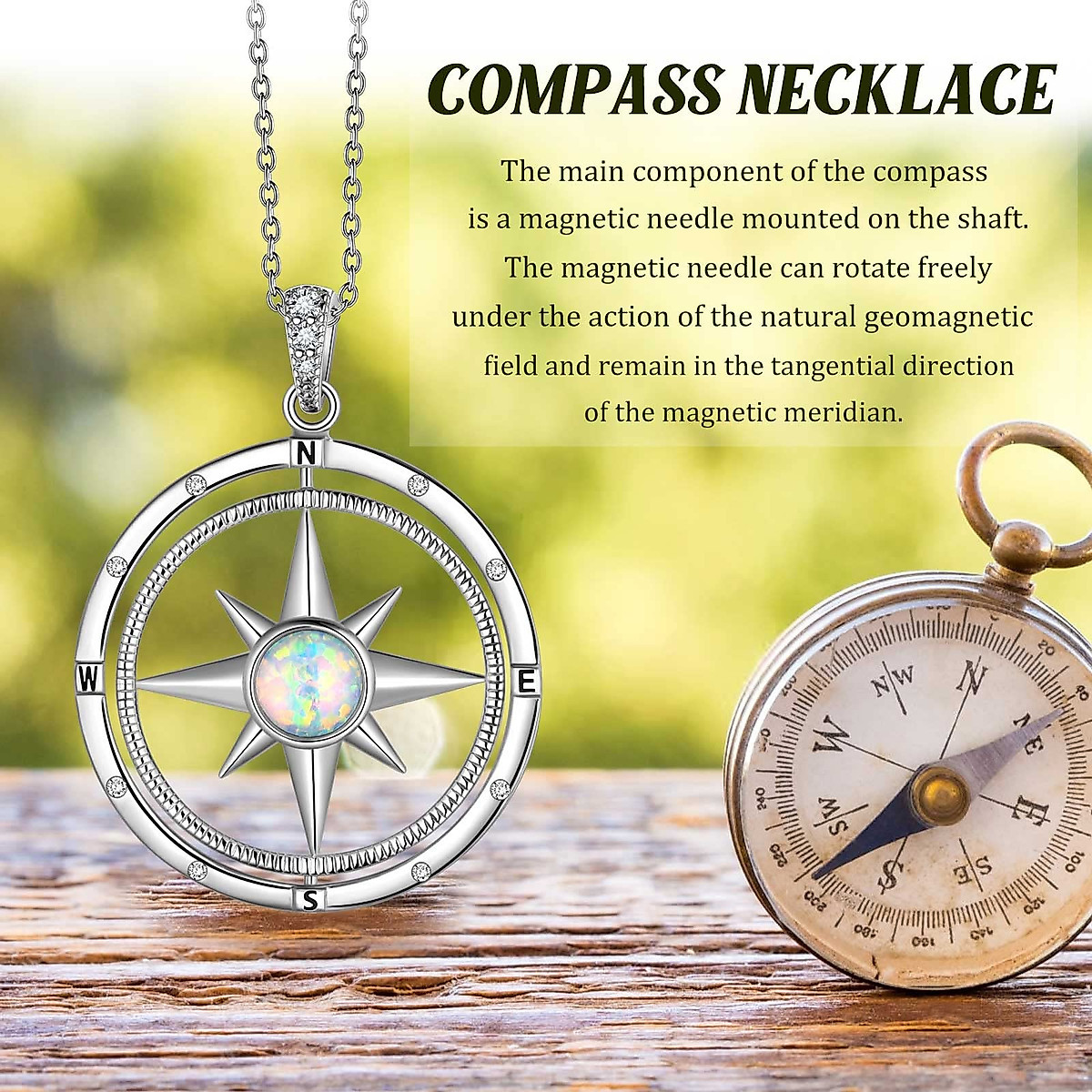 Jewmon Rotate Compass Necklace 2024 Graduation Gifts for Her 925 Sterling Silver Friendship Travel Necklace Opal Compass Charm Necklace High School College Students Graduation Necklace for Her FP222W