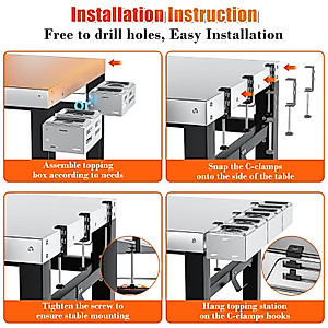 Pizza Topping Station Stainless Steel, 6 Seasoning Containers with Lid, Condiment Tray for Prepping Toppings, Pizza Oven Accessories, Grill Table Cart Topping Station, C-Clamp for Different Tabletop