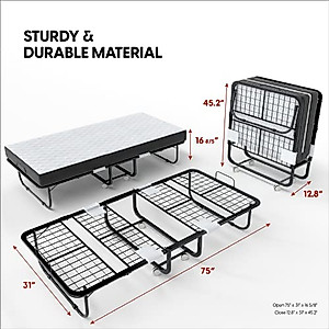 EconoHome Folding Bed with Mattress - 75x31 Cot Size Bed Frame - Portable Foldable Roll Away Adult Bed for Guest - 5-inch Thick Memory Foam Mattress - Space Saving Fold Up Bed for Easy Storage