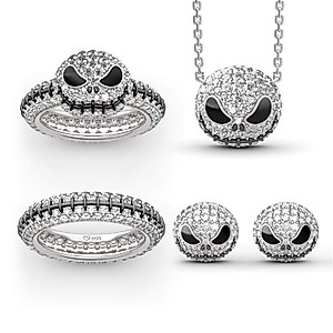JEULIA "Pumpkin King Jack Skull Women Rings 925 Sterling Silver Skull Diamond Ring Bridal Set Wedding Engagement Anniversary Promise (7.0(U.S))