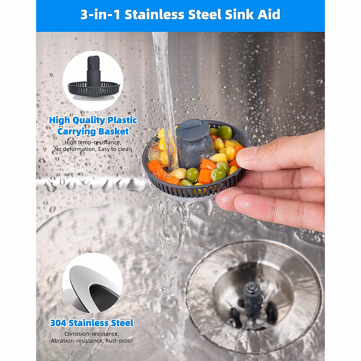 Hibbent Upgraded 3 in 1 Kitchen Sink Drain Strainer and Stopper Combo, Stainless Steel Metal Pop Up Sink Stopper, Anti-Clogging Basket Strainer with Handle for US Standard 3-1/2 Inch Drain