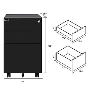 Bonnlo Black 3 Drawer File Cabinet with Lock, Rolling File Cabinet for Home Office, Locking File Cabinet Under Desk Filing Cabinet, Mobile Office Drawers Fully Extension, Assembly Required, 23.6" H