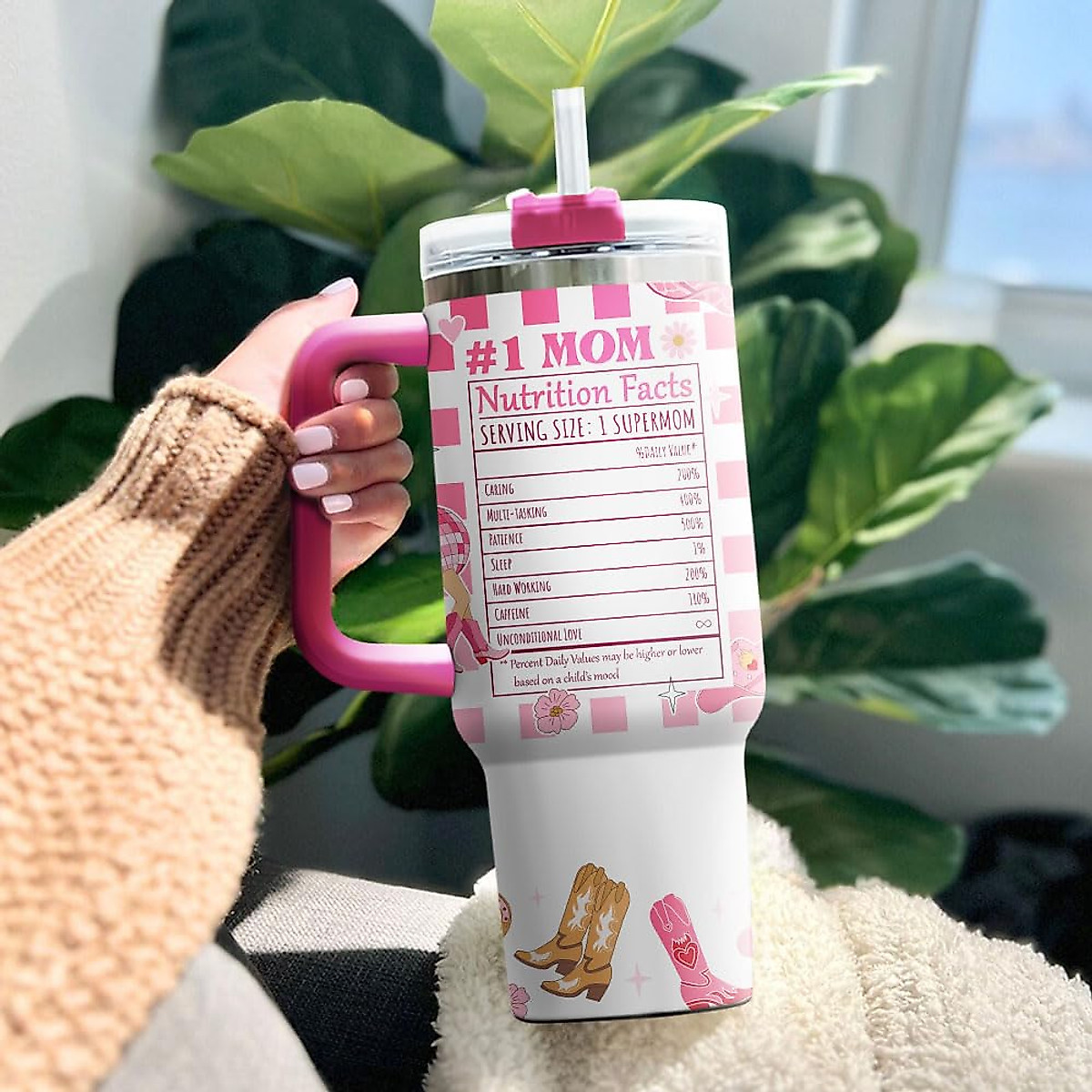 99WHALE Tumbler 40 Oz With Handle Lid And Straw, Cool Moms Club Gifts, Hot Camelia Tumblers Swig Coffee Stainless Modern Print Cups Cowgirl Heart, Mom Cowboys Nutrition Facts