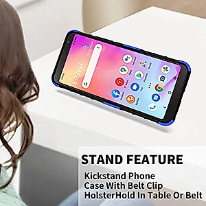 for Alcatel TCL A3/TCL A30 Case, with Tempered Glass Screen Protector Heavy Duty Protection Technology Built-in Kickstand Rugged Shockproof Protective Phone Case for Alcatel TCL A3 A509DL, (Blue)