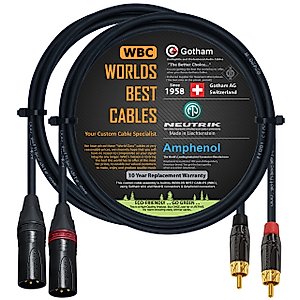 WORLDS BEST CABLES 6 Foot - RCA to XLR (Male) Cable Pair – Gotham GAC-4/1 (Black) Star-Quad Audio Interconnect Cable & Amphenol ACPL RCA & Neutrik Male XLR Gold Plugs - CUSTOM MADE