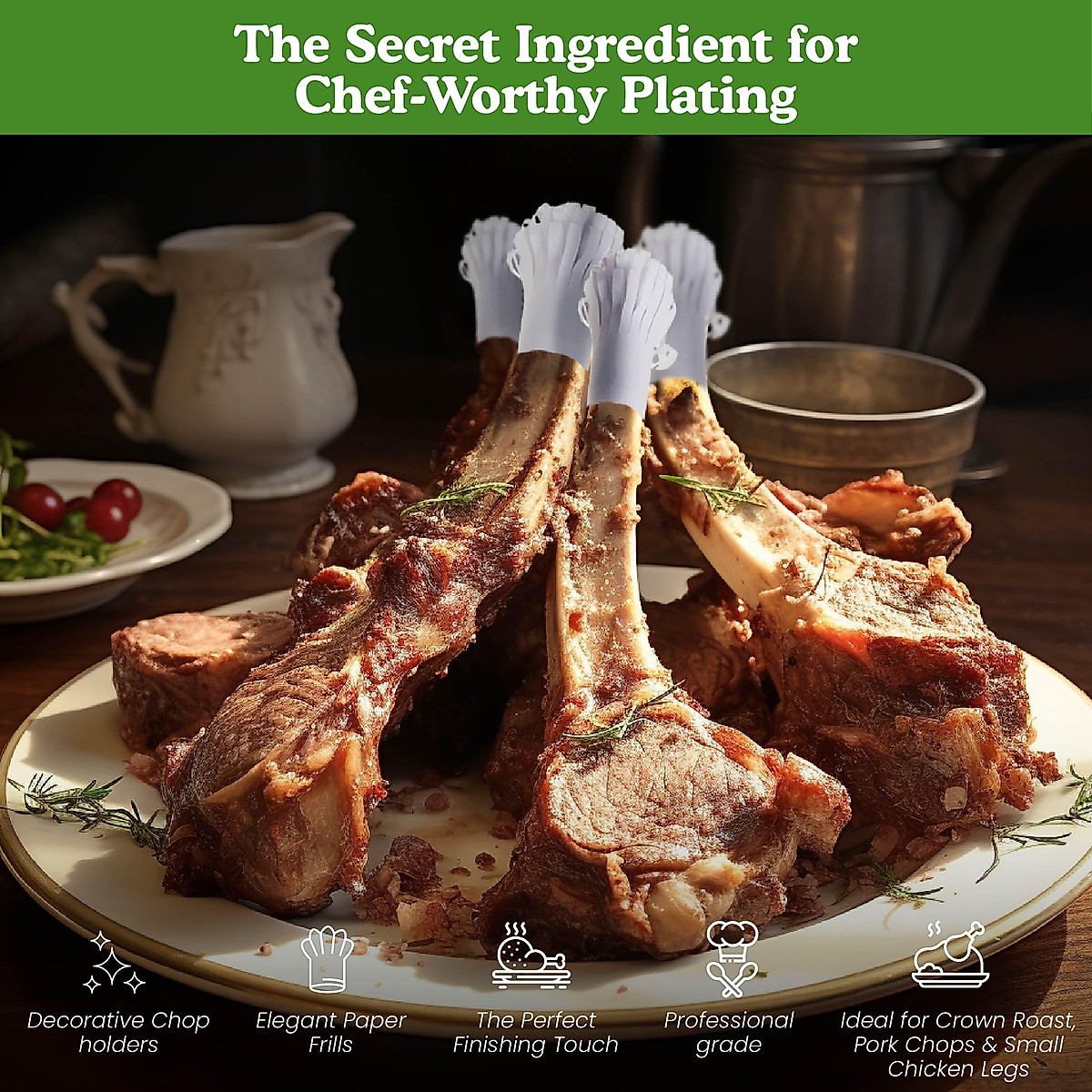 Regency Wraps Paper Frills, Elegant Decorative Holders for Lamb and Pork Chops and Small Chicken Legs, 5/8" Diameter, Small, White, Pack of 8