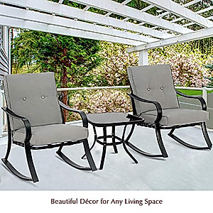 Patiomore Outdoor 3-Piece Rocking Chairs Patio Furniture Bistro Set, Black Metal Chairs and Glass-Top Coffee Table with Thick Cushions, Gray