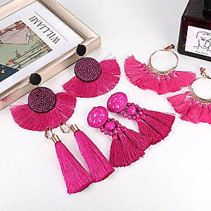 Udalyn 4 Pairs Tassel Earrings for Women Dangle Clip On Earrings Colorful Bohemian Tassel Earrings Statement Earrings Handmade Jewelry Non Piercing Earrings for Sensitive Ears