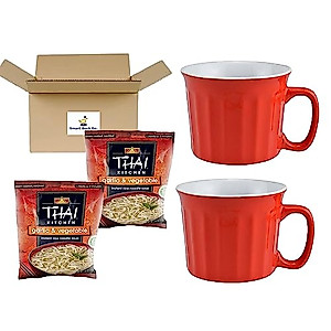 Soup Mug Bundle With 2 Large Red Mugs And 2 Thai Kitchen Noodle Soup Packets