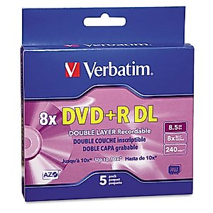 Verbatim 95311 Dual-Layer DVD+R Discs, 8.5GB, 8x, w/Jewel Cases, 5/Pack, Silver