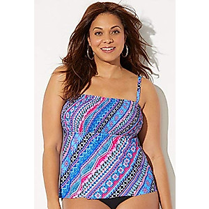 Swimsuits For All Women's Plus Size Smocked Bandeau Tankini Top 24 Pink Blue Zigzag Multicolored