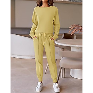 ZESICA Women's Long Sleeve Crop Top and Pants Pajama Sets 2 Piece Jogger Long Sleepwear Loungewear Pjs Sets,Yellow,Large