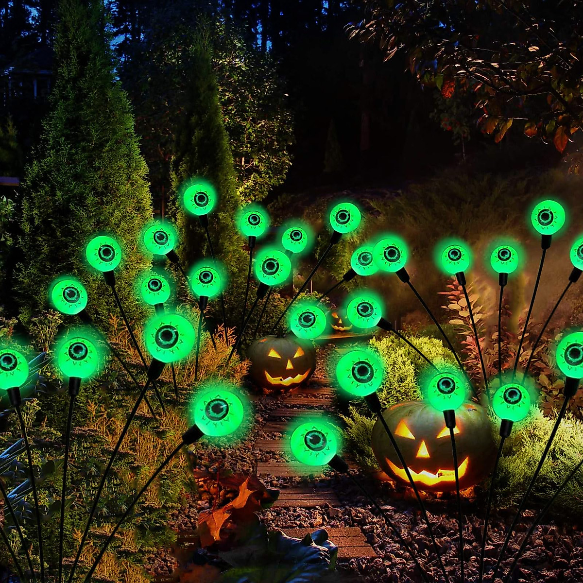 2 Packs Solar Halloween Eyeball Lights Outdoor 20LED Scary Eyeball Swaying Firefly Lights Waterproof Solar Halloween Path Lights for Path, Yard, Lawn, Garden, Landscape, Halloween Party (Green)