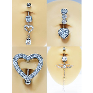 14G Surgical Steel Belly Button Rings Round/Love Heart Clear CZ Navel Curved Barbell Studs Sexy Body Piercing (4PCS - Steel - Style A)