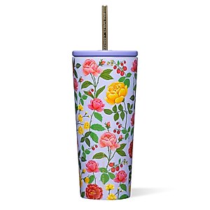 Corkcicle x Rifle Paper Co. Cold Cup Insulated Tumbler with Lid and Straw, Roses Purple, 24 oz – Reusable Water Bottle Keeps Beverages Cold for 12hrs, Hot 5hrs – Cupholder Friendly, Flexible Sip Lid