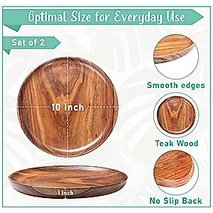 Wooden Plates, Teak Wood Dinner Plates, Round Serving Plate Set of 2, Cheese Plates Coffee Tea Serving Tray Fruit Platters Party Dinner Plates, Wood Plates for Snacks, 10 Inch