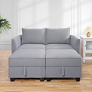 Naomi Home Modular Convertible Sectional Sofa with Reversible Chaise, Elizabeth L-Shaped Couch with Ottoman and Storage, Gray