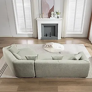 VnndeNest 125'' Modular Sectional Couch, Modern Upholstered L-Shape Sectional Sofa with Chaise Lounge, Comfy Boucle Fabric Curved Cloud Sofa for Living Room, Apartment, Bedroom, Assembly-Free, Green