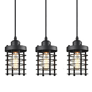 WINSOON 3 Pack Pendant Light Fixture Industrial Rustic Metal Cage Hanging Kitchen Island Lighting Shade for Farmhouse Dining Room Black Ceiling Lamp