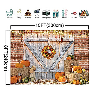 LIVUCEE 10x8ft Polyester Fall Rustic Farm Door Photography Backdrop Autumn Thanksgiving Pumpkin Harvest Barn Background for Children Birthday Party Banner Decoration Photobooth