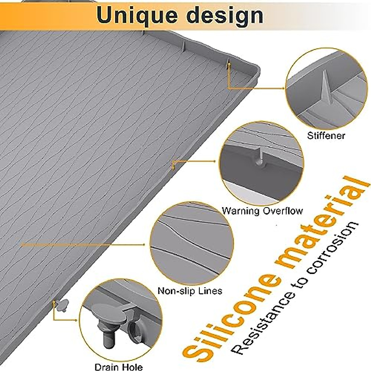 Under Sink Mat for Kitchen Waterproof, 34" × 22" Silicone Bathroom Sink Mat, under sink Liner drip tray and protectors for bottom of kitchen sink, Fits 36'' Stand Cabinets (Gray)