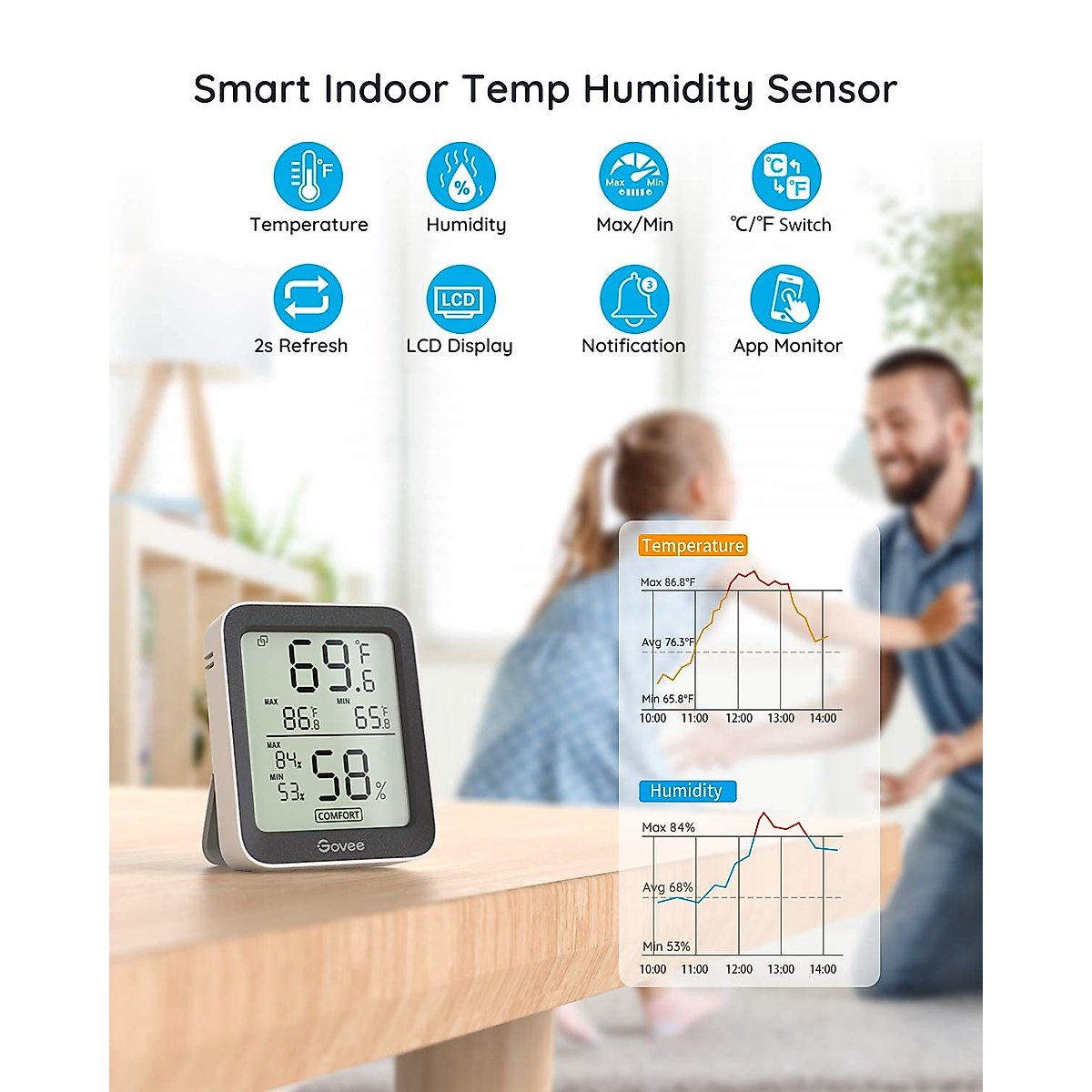 Govee Bluetooth Hygrometer Thermometer, Large LCD, Max/Min Records, 2-Year Data Storage - Black, 2 Pack