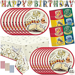 Harry Potter Birthday Decorations Kit | Harry Potter Birthday Party Supplies | With Harry Potter Table Cover, Banner, Dinner Plates, Napkins, Candles, Button | Serves 16