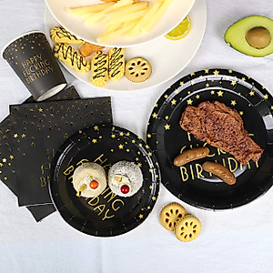 Pandecor 120 PCS Black and Gold Happy FING Birthday party supplies -Serves 30- Include Dinner Plates,Dessert Plates,Cups and Napkins for Adult Funny Birthday Party