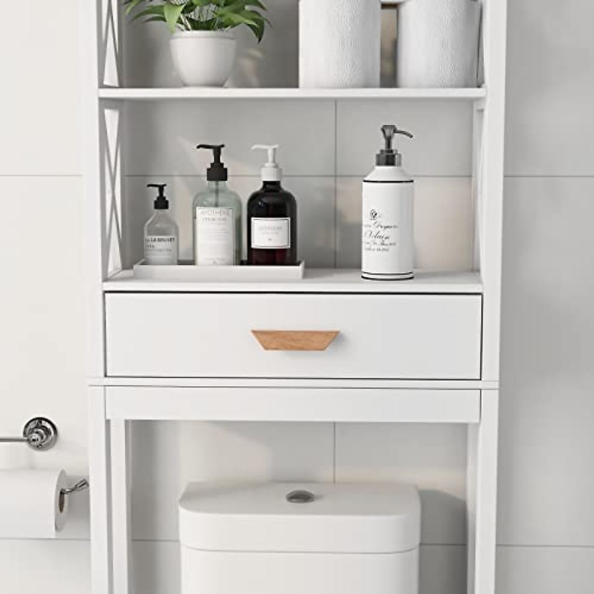 OQSC Bathroom Shelf Over The Toilet X- Frame Bathroom Organizer with 1 Drawer and Open Shelves Bathroom Space Saver(White)