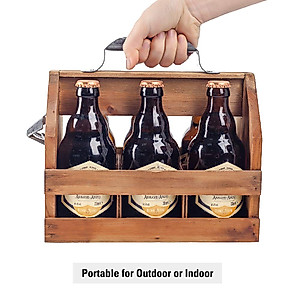 BARGIFTS Wooden 6-Bottle Caddy with Bottle Opener, build in a Removable Middle Divider Metal Bottle Opener… (Brown)
