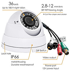 Analog CCTV Camera HD 1080P 4-in-1 (TVI/AHD/CVI/CVBS) Security Dome Camera Outdoor, 2.8mm-12mm Manual Focus/Zoom Varifocal Lens, Weatherproof Metal Housing 36 IR-LEDs Day & Night Monitoring (White)
