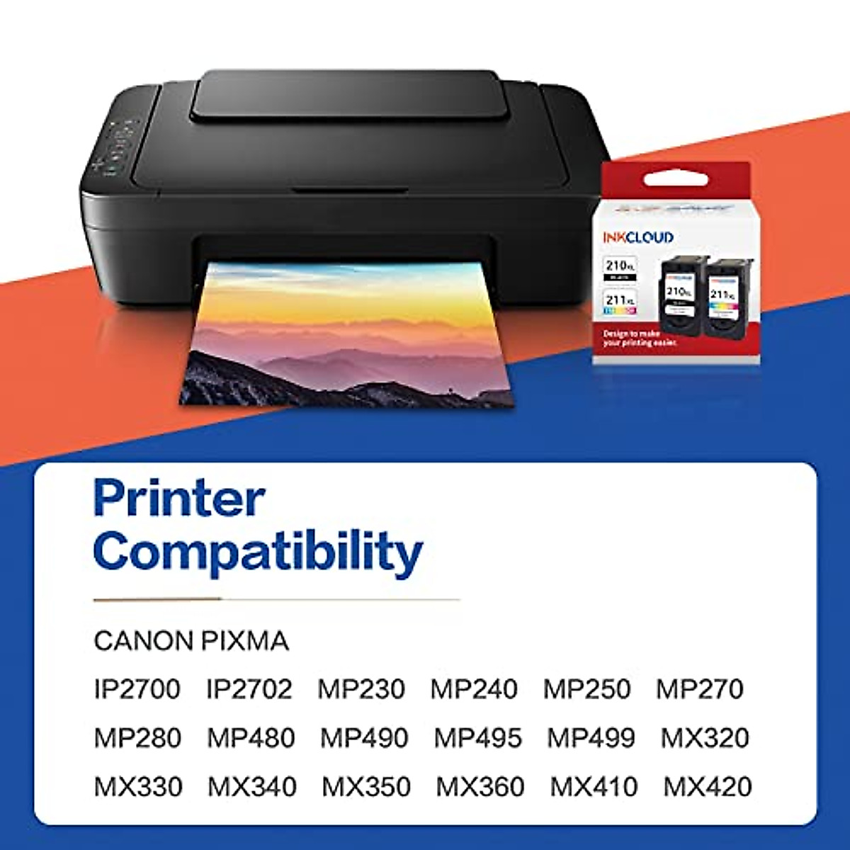 INKCLOUD 210XL 211XL Remanufactured Ink Cartridge Compatible with Canon PG-210XL CL-211XL for PIXMA IP2702 MP230 MP240 MP250 MP280 MP480 MP490 MP495 MX320 MX330 MX340 Printer (1 Black, 1 tri-Color)