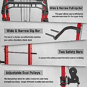 MAJOR LUTIE Power Cage with 230LBS Competition Bumper Plates and Olympic Barbell, PLM03 All-in-One Power Rack with Adjustable Cable Crossover System and Exercise Machine Attachment Red