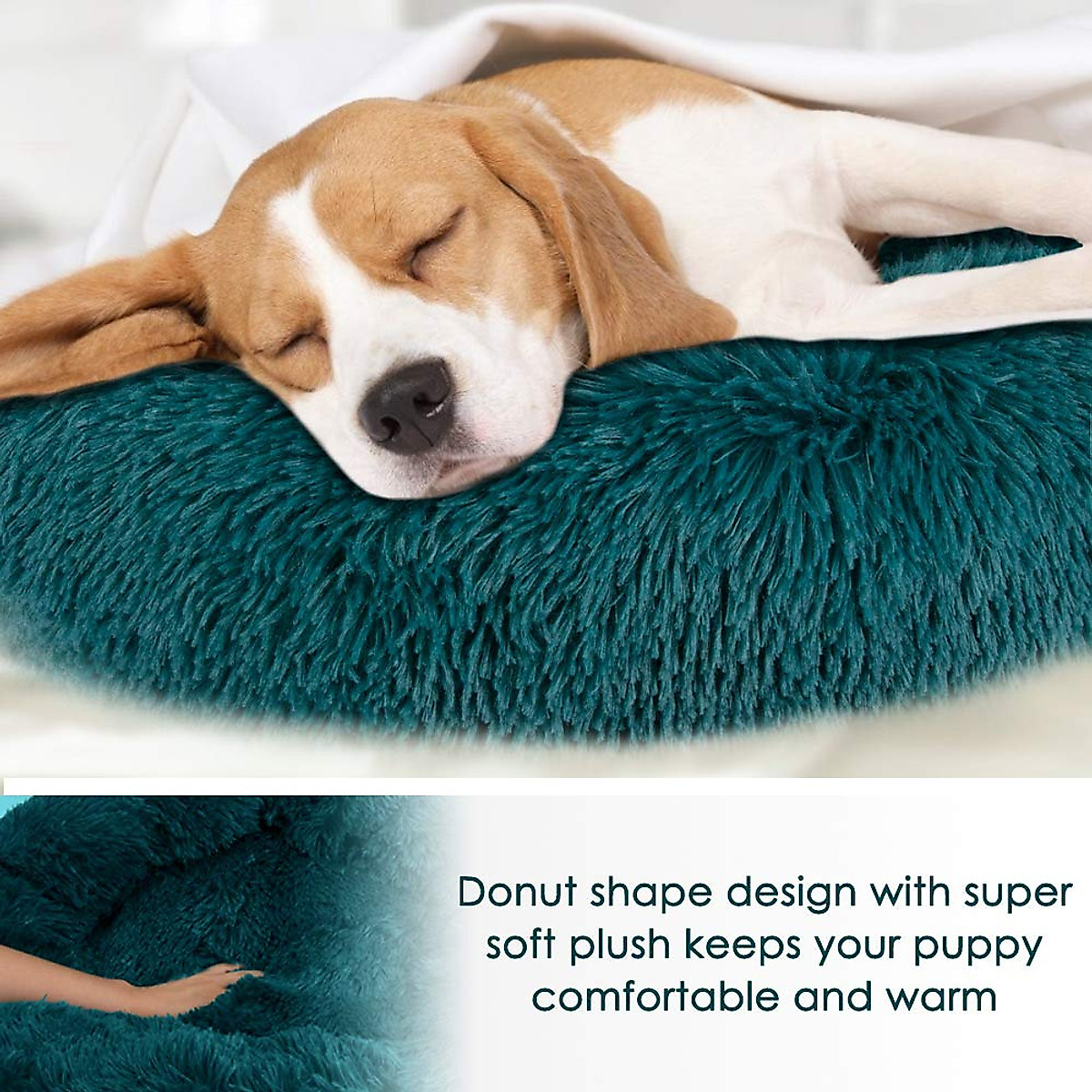 SlowTon Calming Dog Bed for Small Dogs Cats, Donut Cuddler Cozy Warm Anti-Anxiety Dog Cat Cushion Mat, Ultra Soft Fluffy Plush Round Pet Pillow Non-Slip Bottom Machine Washable(Teal,X-Small 20")