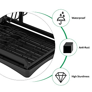 IN VACUUM Dish Drying Rack with Drainboard, 2 Tier Dish Drying Rack with Drainage, Black Kitchen Dish Drying Rack with Cup Holder, Utensil Holder, Dish Drainers for Kitchen Counter