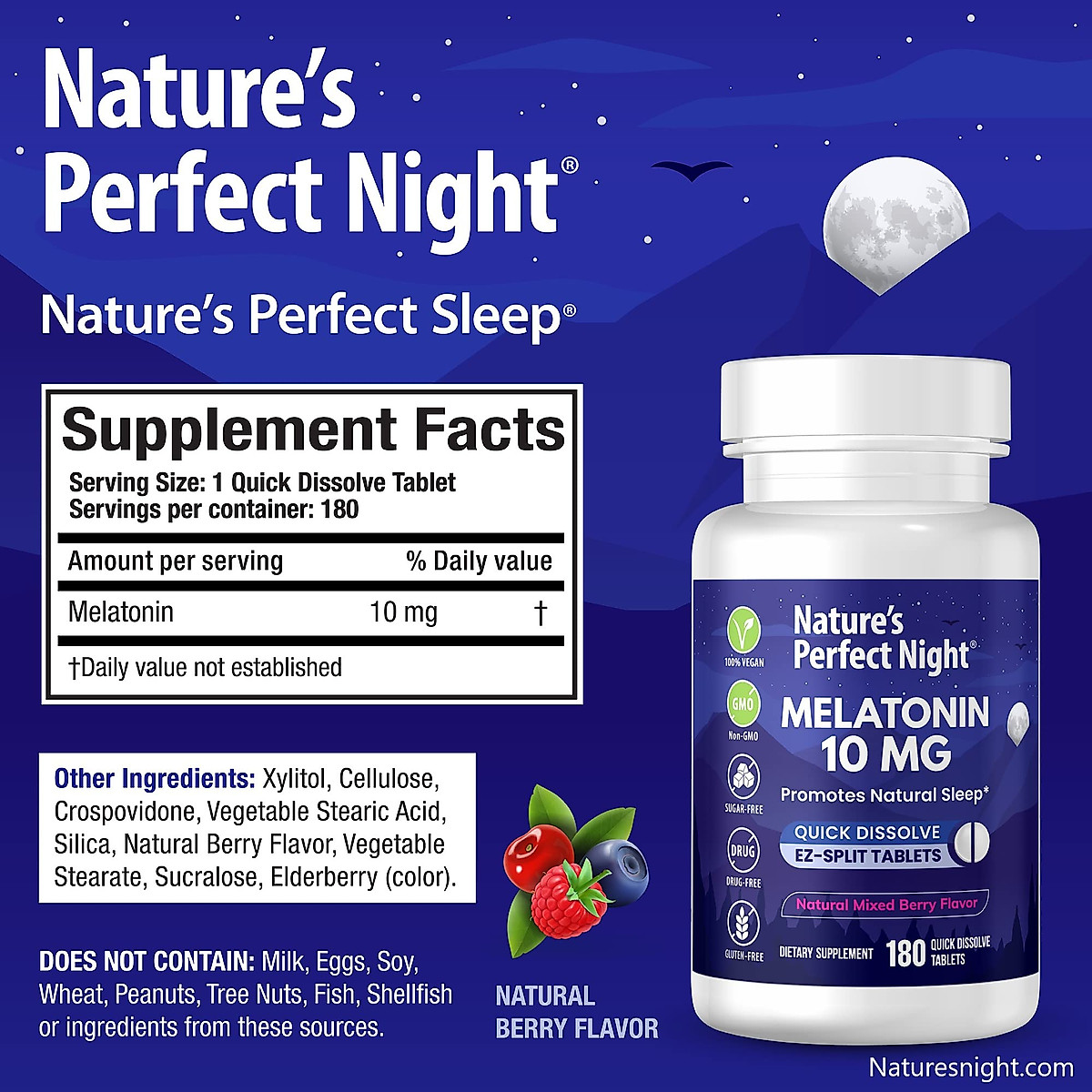 Nature's Perfect Night | Melatonin 10mg | 180 Quick Dissolve Tablets | Natural Mixed Berry Flavor |High Potency | Sugar Free | Vegan | Gluten Free | Value Size