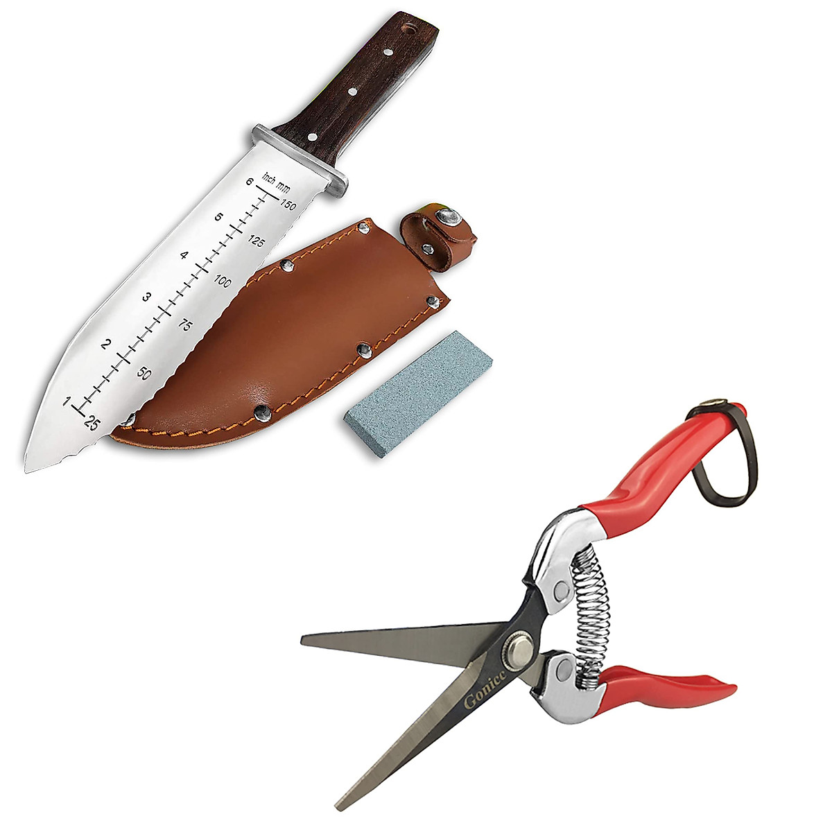 gonicc Professional Hori Hori Garden Knife with Leather Sheath and Micro-Tip Pruning Snip (GPPS-1008), Protective Handguard, High polished 440 Stainless Steel Blade, Sharpening Stone Included.