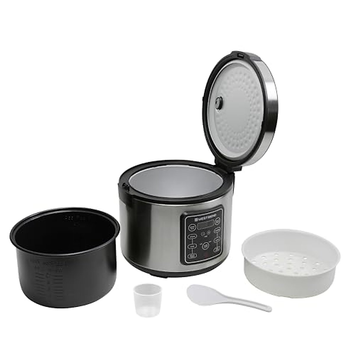 West Bend Rice & Grain Multi Cooker Programmable with 9 Preset Functions, Features Delay Start and Keep Warm Functions and Steam Basket, 20 Cups Cooked, Stainless Steel