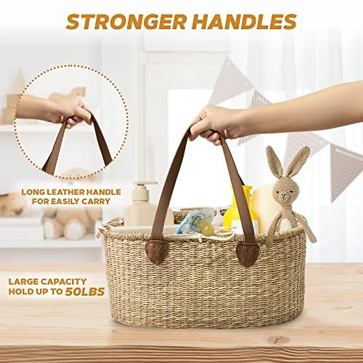 GAIAMADE Seagrass Diaper Caddy, Practical Diaper Holder with Handles, Hand-woven Baby Diaper Caddy Organizer, Neutral Nursery Organizing, Decoration and Gift (included 2 Cotton Drawstring Bags)