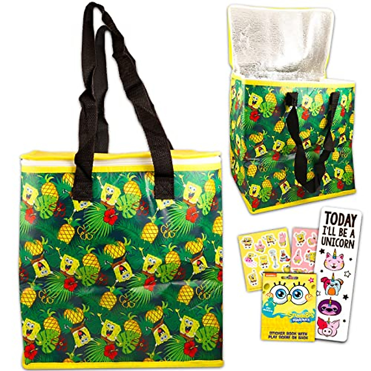 Spongebob Cooler Bag Set - Bundle with Insulated Spongebob Tote Bag for Picnics, Parties, More Plus Spongebob Stickers and Bookmark | Spongebob Grocery Bag