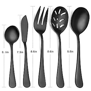 Matte Black Serving Set，SHARECOOK 5-Piece 18/0 Stainless Steel Large Hostess Set with Round Edge, Satin Finished, Dishwasher Safe -Spoons, Forks,Butter Knife& Slotted Spoon