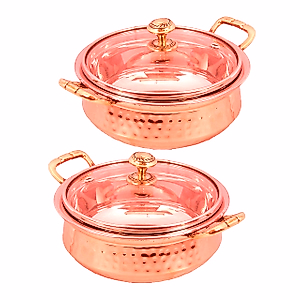 PARIJAT HANDICRAFT Indian Hammered Copper Serving Bowl for Food Soup with Handle and Glass Lid Decorative Small Seveware Pack of 6