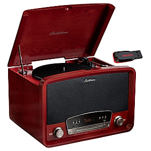 Electrohome Kingston 7-in-1 Vintage Vinyl Record Player Stereo System - 3-Speed Turntable Bluetooth AM/FM Radio CD Aux in RCA/Headphone Out Vinyl/CD to MP3 Recording & USB Playback w/ 32GB USB Drive