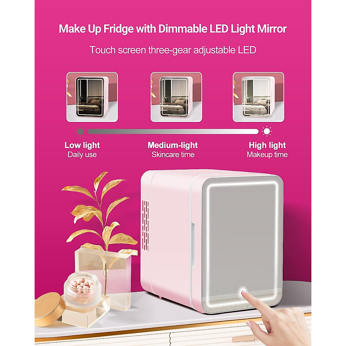 NISHCON Skincare Fridge with Dimmable LED Light Mirror, 4L/6Can Cooler Warmer Mini Fridge for Skin care Cosmetic Makeup Beauty, Portable Mini Skincare Fridge for Bedroom Dorm Office Rv and Car, Pink