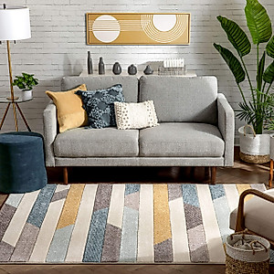 Well Woven Ruby Geometric 8x10 Area Rug Blue Gold & Grey Vibrant Modern Contemporary Hand Carved Stripes Design Perfect for Living Room Dining Room or Bedroom Plush Easy-Care Easy-to-Clean Carpet