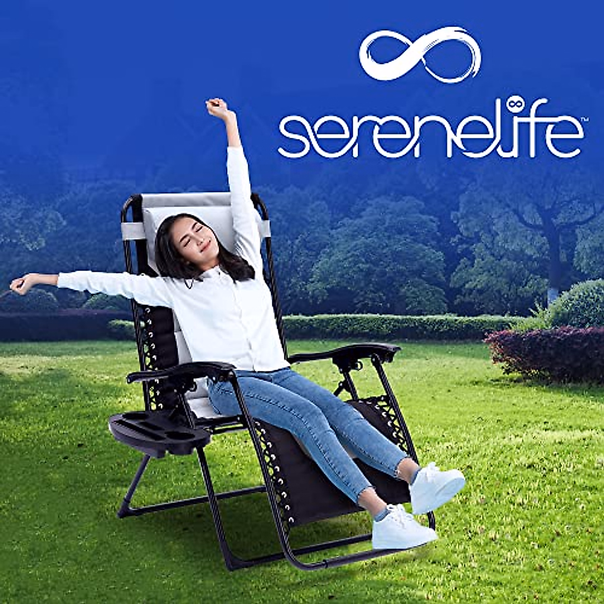 SereneLife, Gray and Black Foldable Outdoor Zero Gravity Padded Lawn Chair, Adjustable Steel Mesh Recliners, w/Removable Pillows and Cup Holder Side Tables, One Size