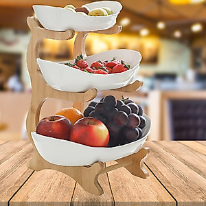AIWFL 3 Tier Fruit Basket White Fruit Bowl with Bamboo Holder Fruit Ceramic Serving Tray Dessert Serving Stand for Candy Fruits Snacks Nuts Storage Holder