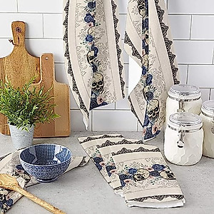 Chees D Zone Halloween Gothic Skeletons Eucalyptus Leaves Kitchen Towels Dish Cloth Towel Absorbent Hand Towel Cleaning Cloth,Scary Skull Retro Linen Dishcloth Quick Drying for Dishes Counter 1 Pack